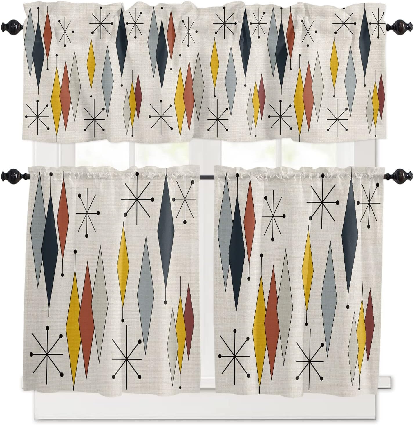 3 Piece Retro Mid Century Kitchen Curtains, Tier and Valance Rod Pocket ...