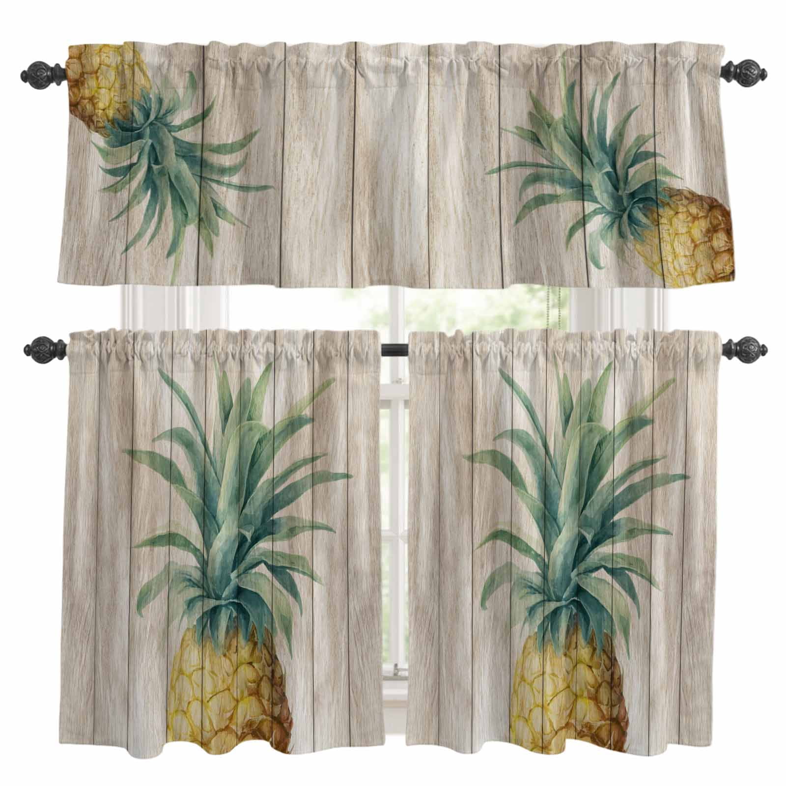 3 Piece Retro Pineapple Kitchen Curtain Valance And Tiers Set Summer