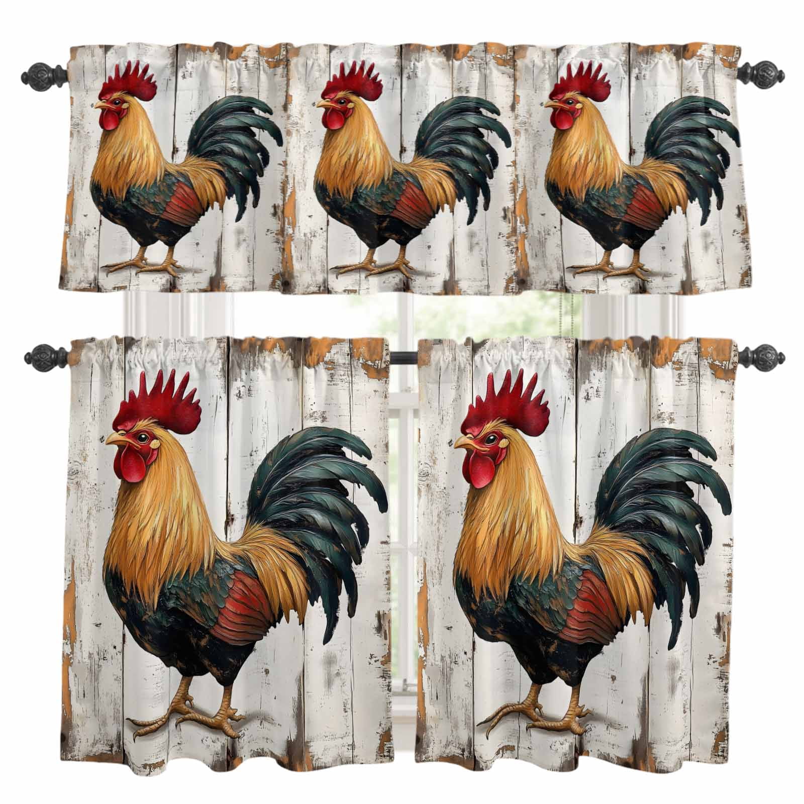 3 Piece Retro Rooster Kitchen Curtain Valance and Tiers Set Watercolor ...