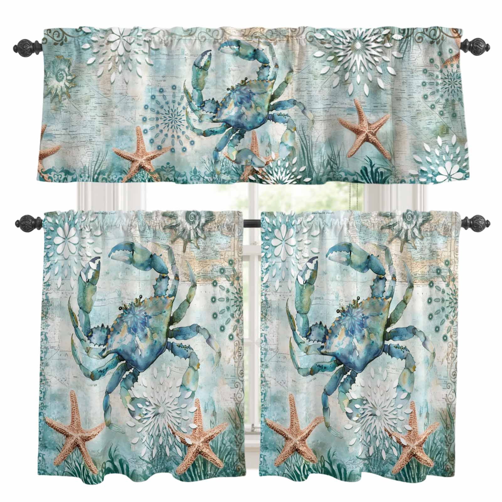 3 Piece Retro Sea Crabs Kitchen Curtain Valance and Tiers Set Sea Stars ...
