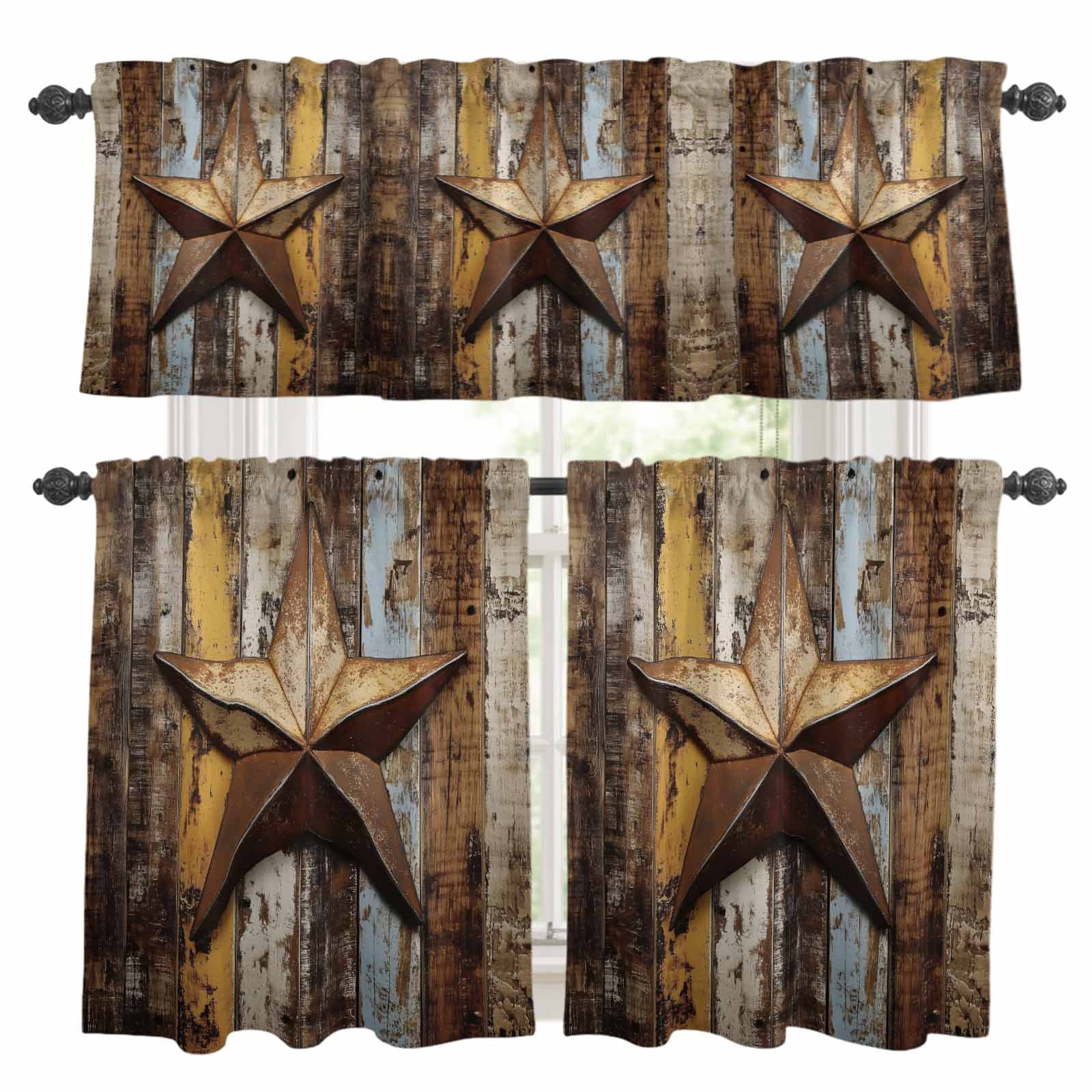 3 Piece Retro Star Kitchen Curtain Valance and Tiers Set Abstract Metal ...