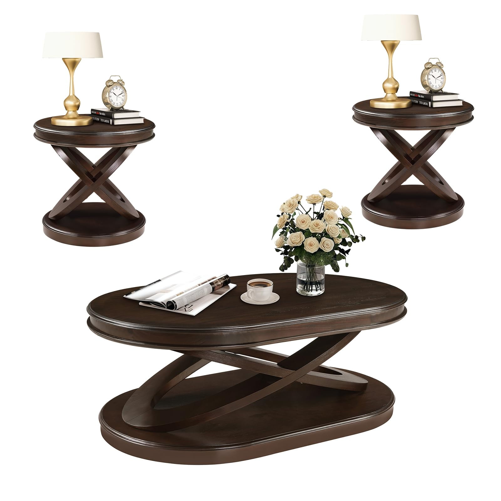 3-Piece Retro Wood Coffee Table Set - 44" Oval Center Table & 2 Round ...