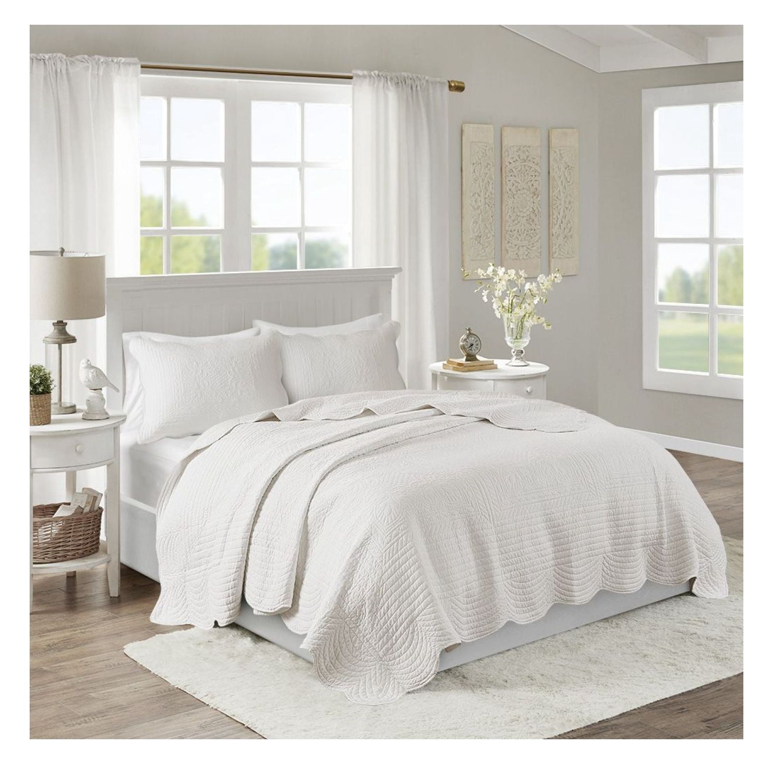 3 Piece Reversible Quilt Set - Scalloped Edge, Microfiber, Full/Queen ...