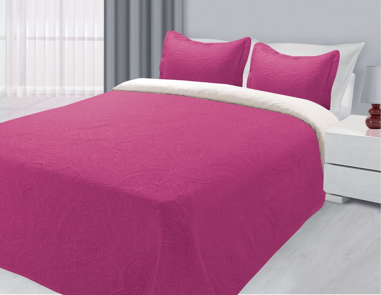 3-Piece Reversible Quilted Bedspread Coverlet Hot Pink & White - Queen ...