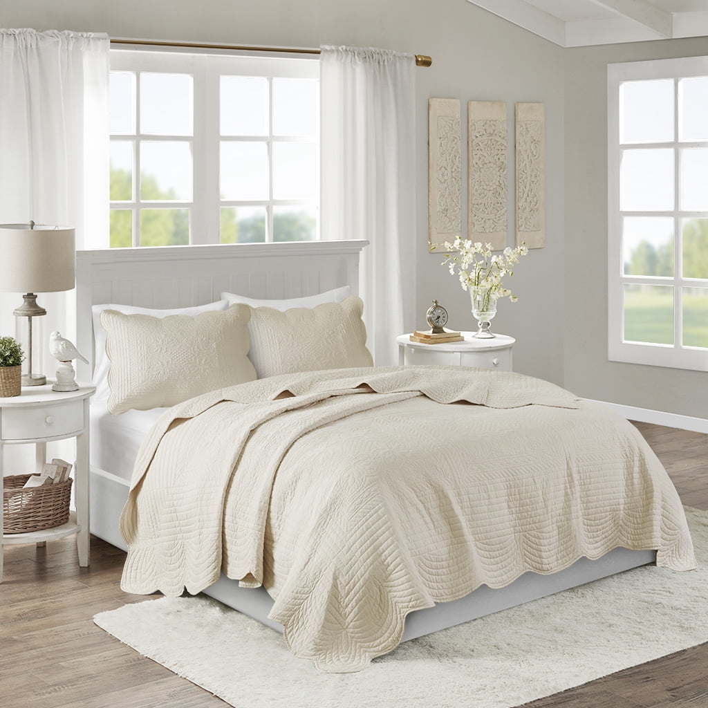 3 Piece Reversible Scalloped Edge Quilt Set Cream Full/Queen - Walmart.com