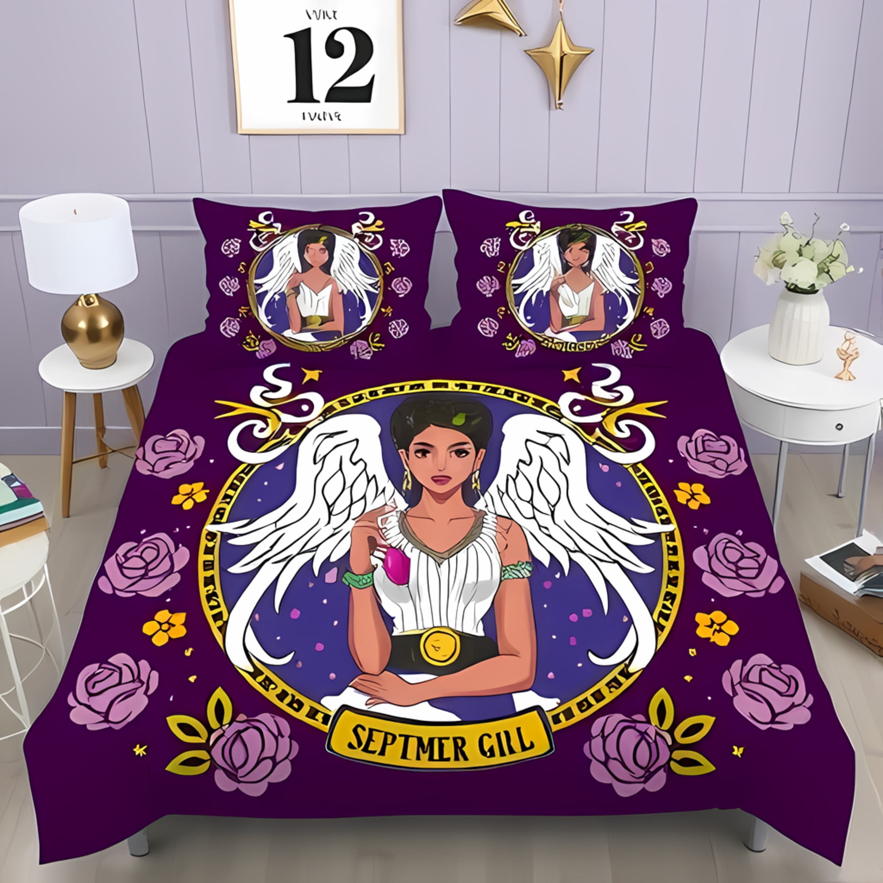 3-Piece Rich Purple Duvet Cover Set with Angelic Woman Design Floral ...