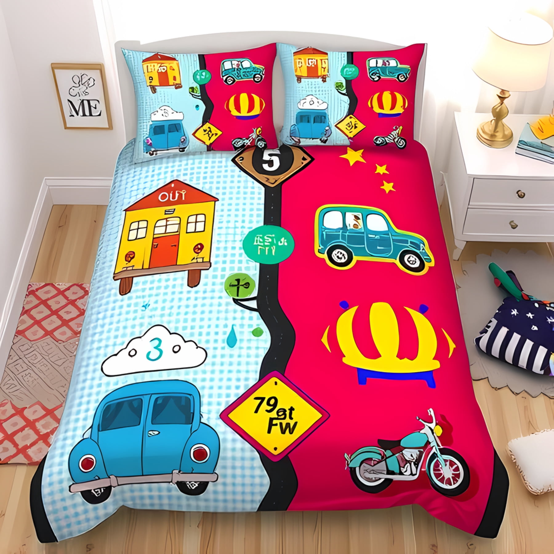 3-Piece Road Trip Themed Duvet Cover Set - Light Blue & Pink with ...