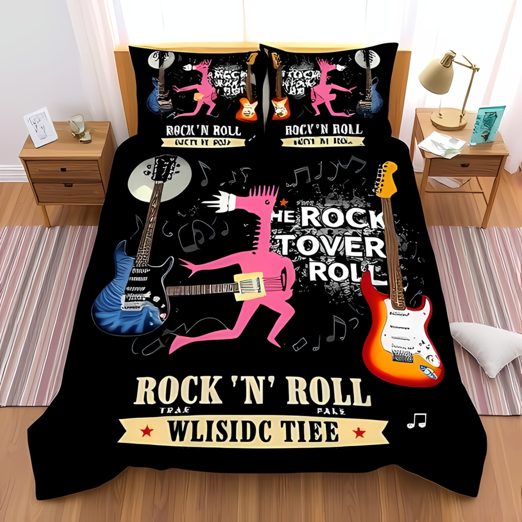 3-Piece Rock 'N' Roll Duvet Cover Set with Vibrant Pink Dancer Electric ...