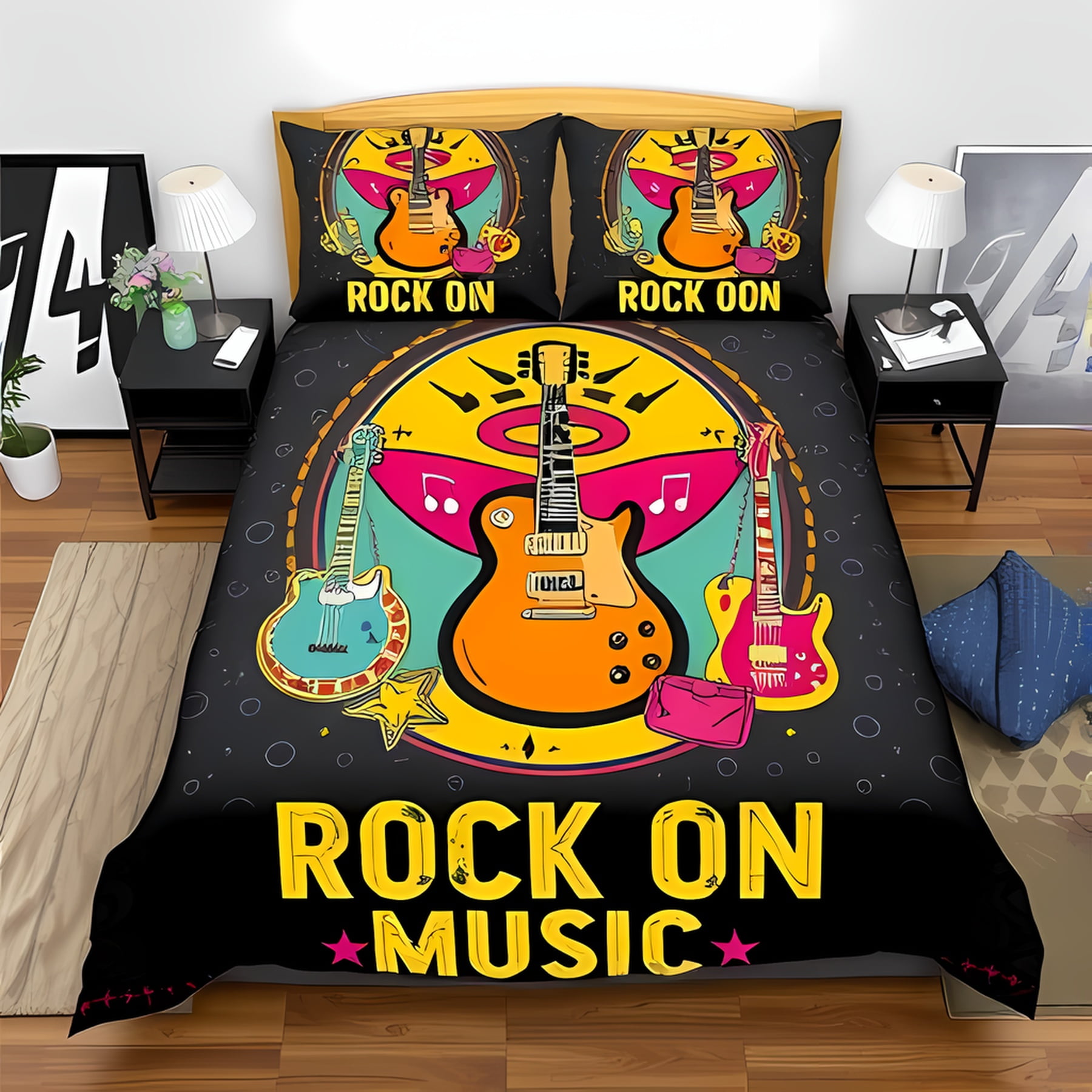 3-Piece Rock On Music Bedding Set - Duvet Cover & Pillowcases with ...