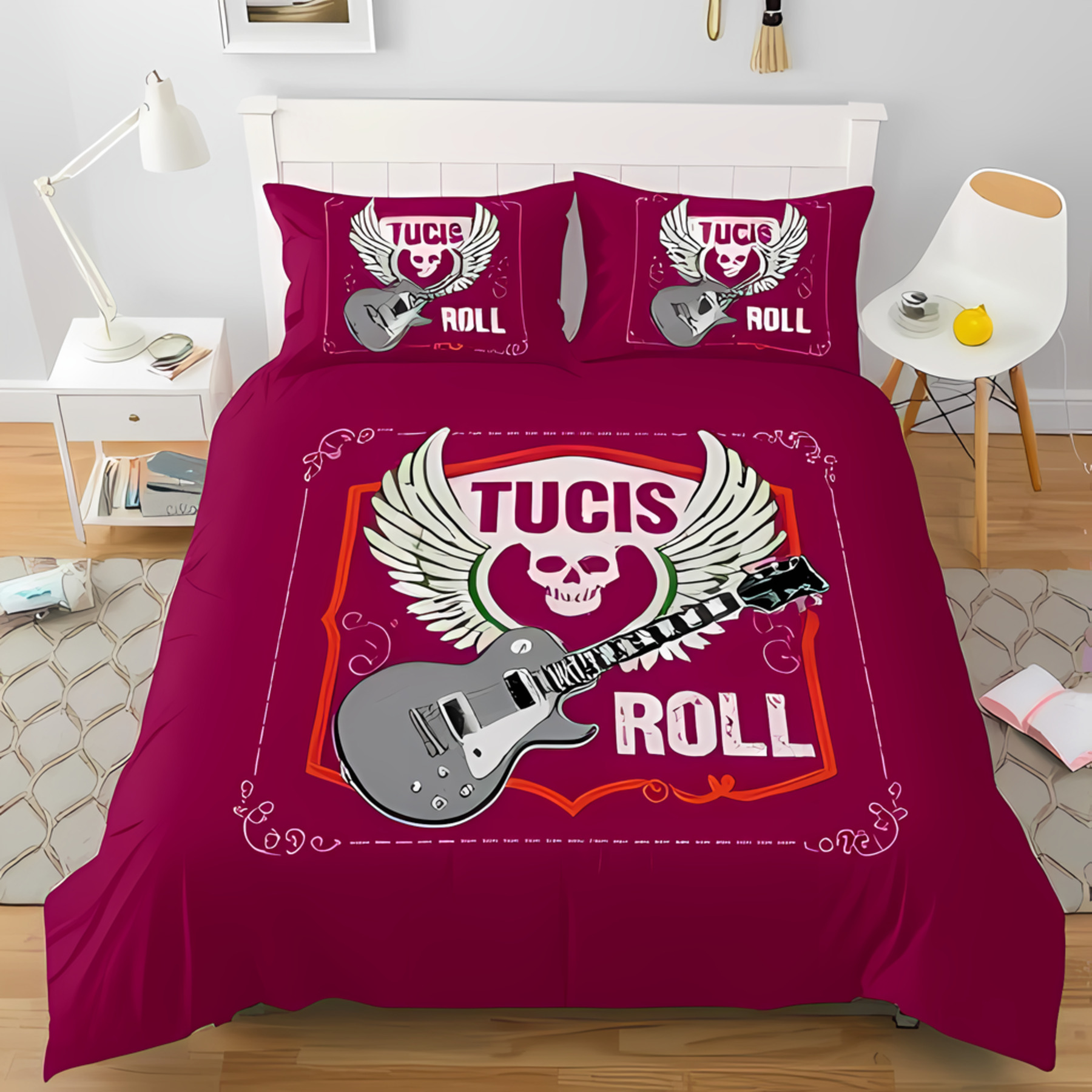 3-Piece Rock & Roll Duvet Cover Set - Bold Magenta & Wings Design ...