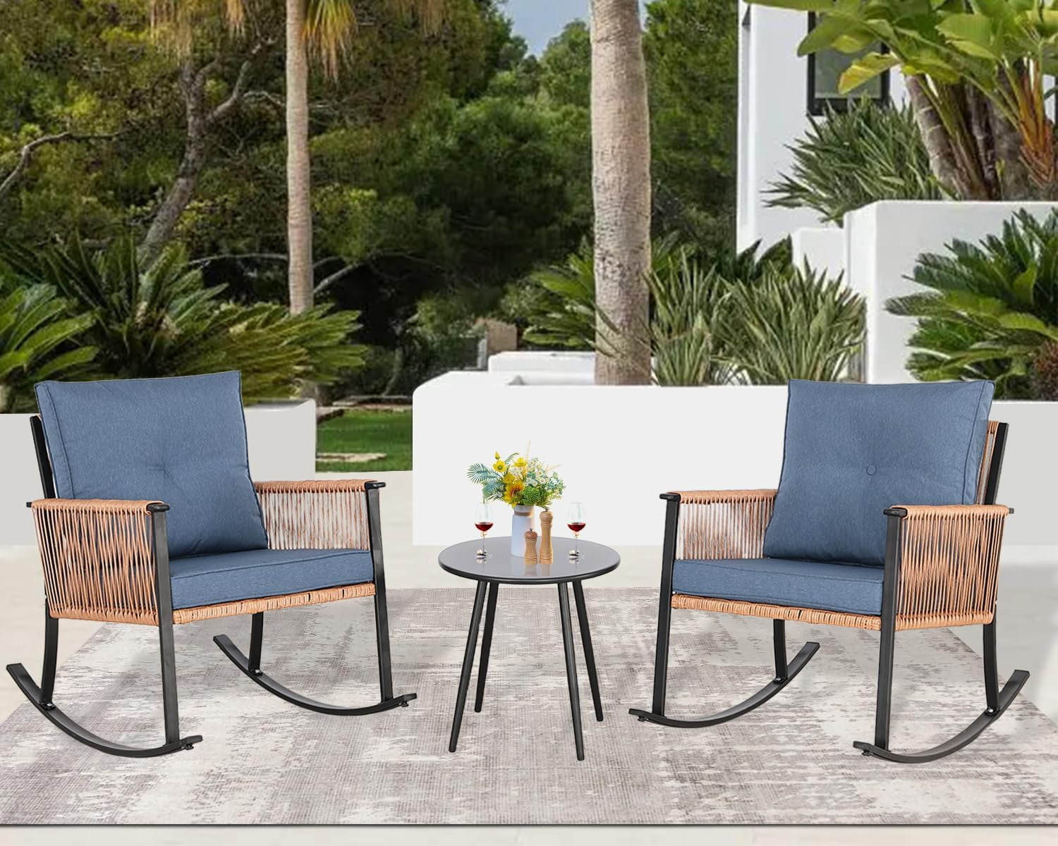 3-Piece Rocking Bistro Set Outdoor Patio Furniture Oversize Rattan ...