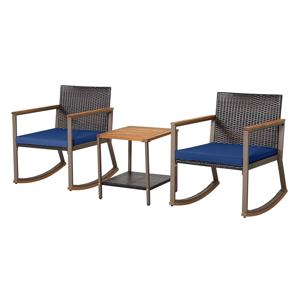 3 Piece Rocking Bistro Set, Outdoor Wicker Rocking Chair with Blue Soft ...