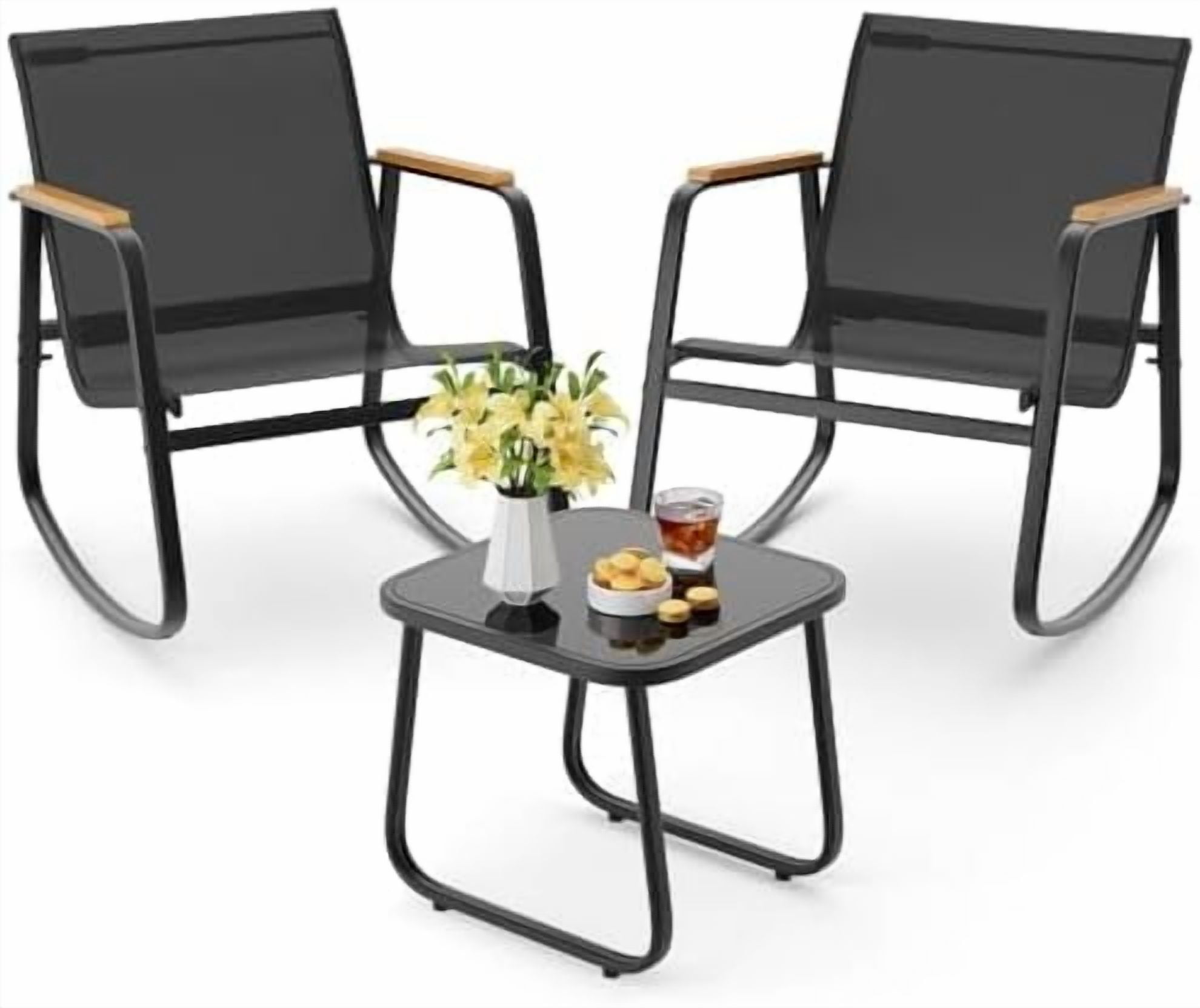 3 Piece Rocking Bistro Set, Textilene Fabric Furniture Set, Front Porch ...