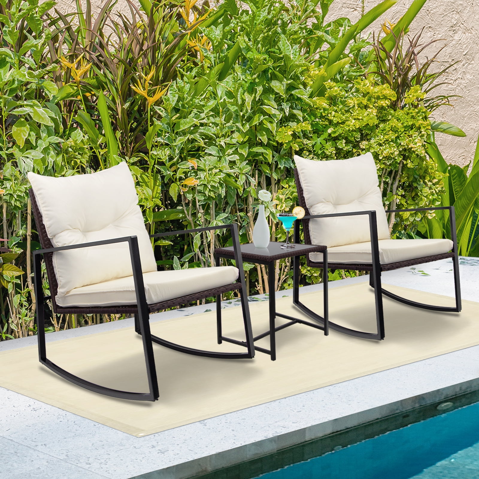 3 Piece Rocking Bistro Set, Wicker Patio Outdoor Furniture, Backyard ...