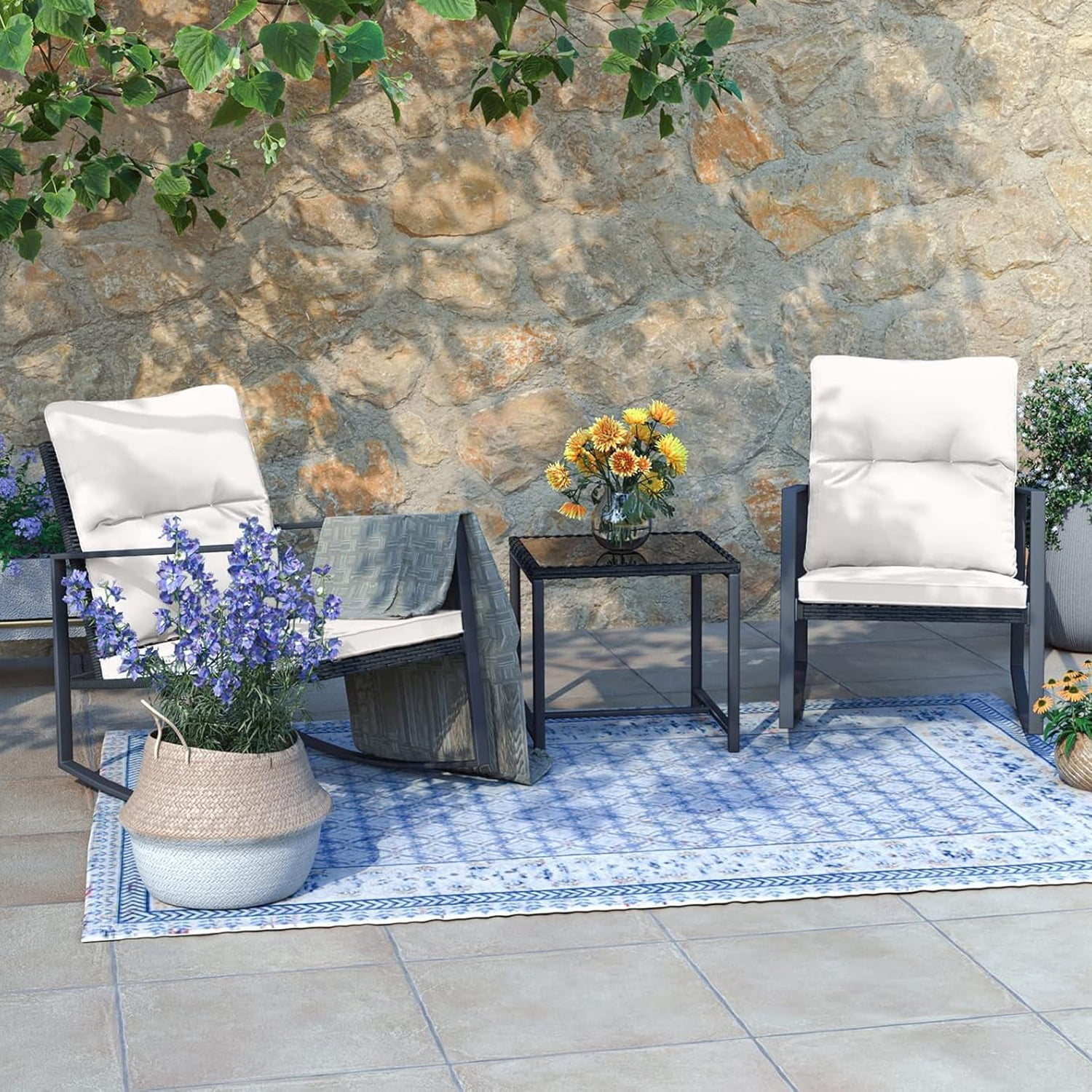 3 Piece Rocking Bistro Set, Wicker Patio Outdoor Furniture, Backyard ...