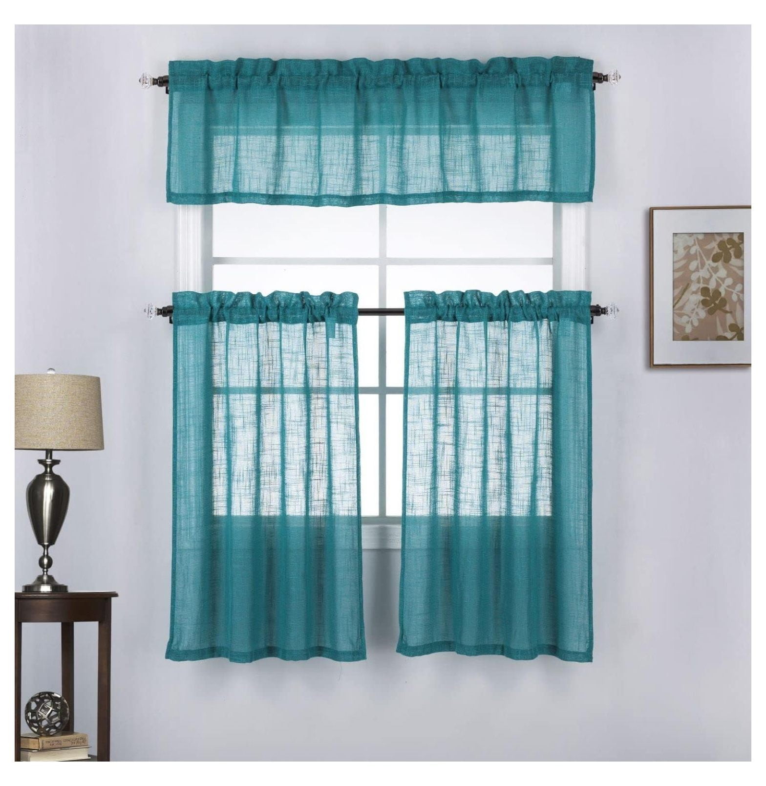 3 Piece Rod Pocket Linen Look Kitchen Window Treatment Curtain Panel ...
