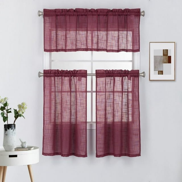 3 Piece Rod Pocket Linen Semi Sheer Kitchen Window Curtain Tiers and ...