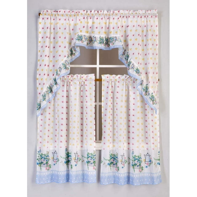 Walmart 3 Piece Kitchen Curtain Set, Rod Pocket, Printed Tiers & Swag Valance, 36" Long, Tea Pot ...