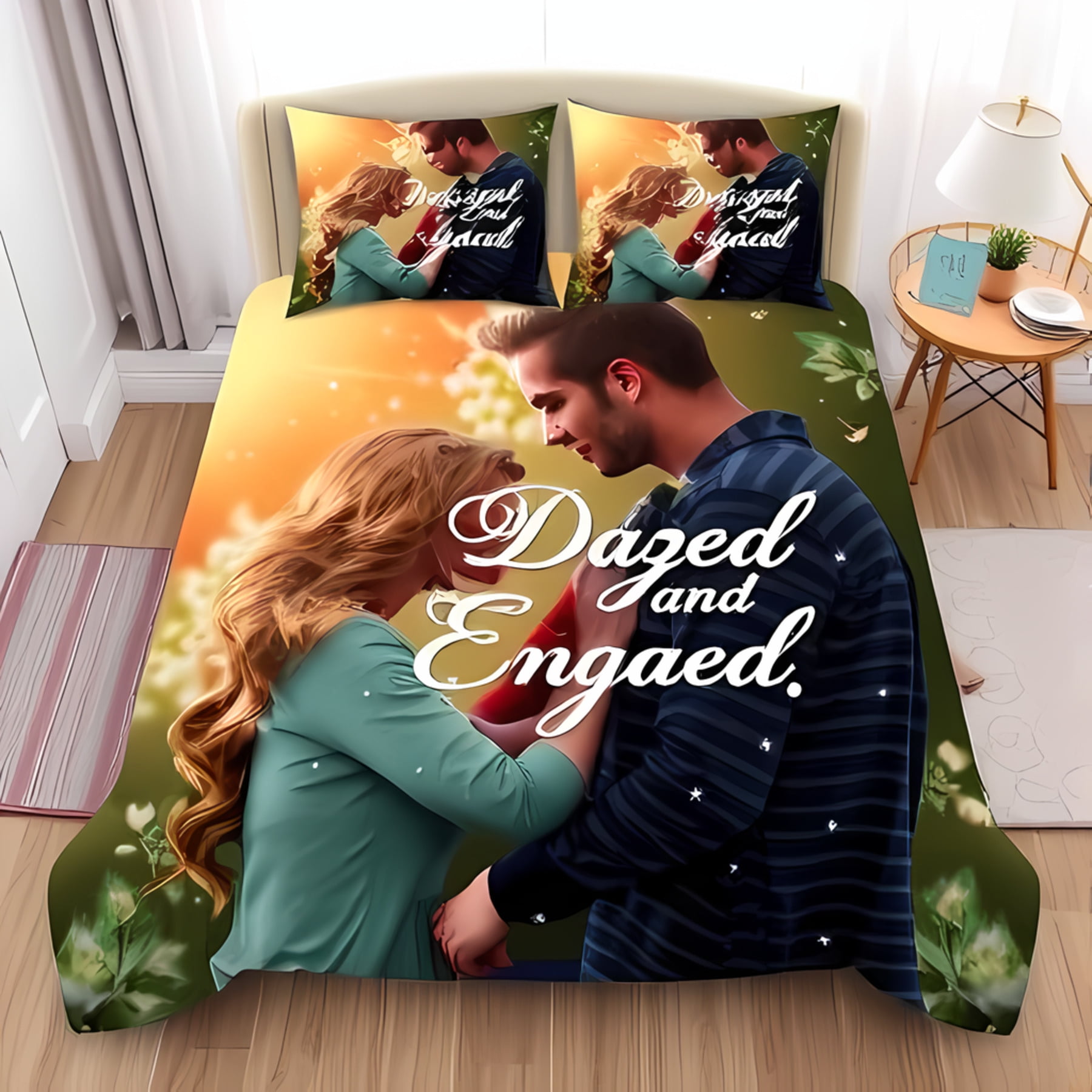 3-Piece Romantic Duvet Cover Set - Heartwarming Couple Illustration ...