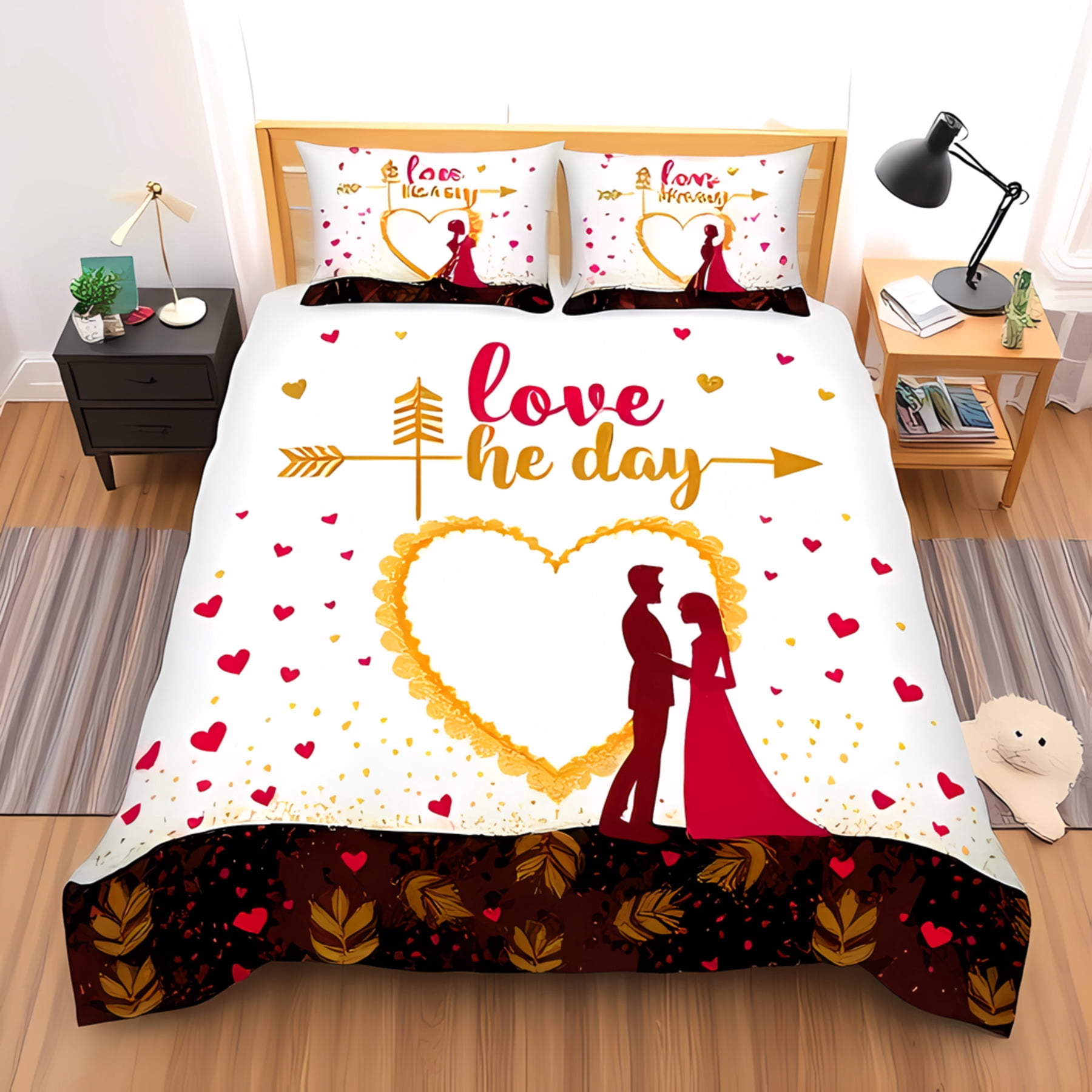 3-Piece Romantic Duvet Cover Set with Love Theme Red & Gold Design ...