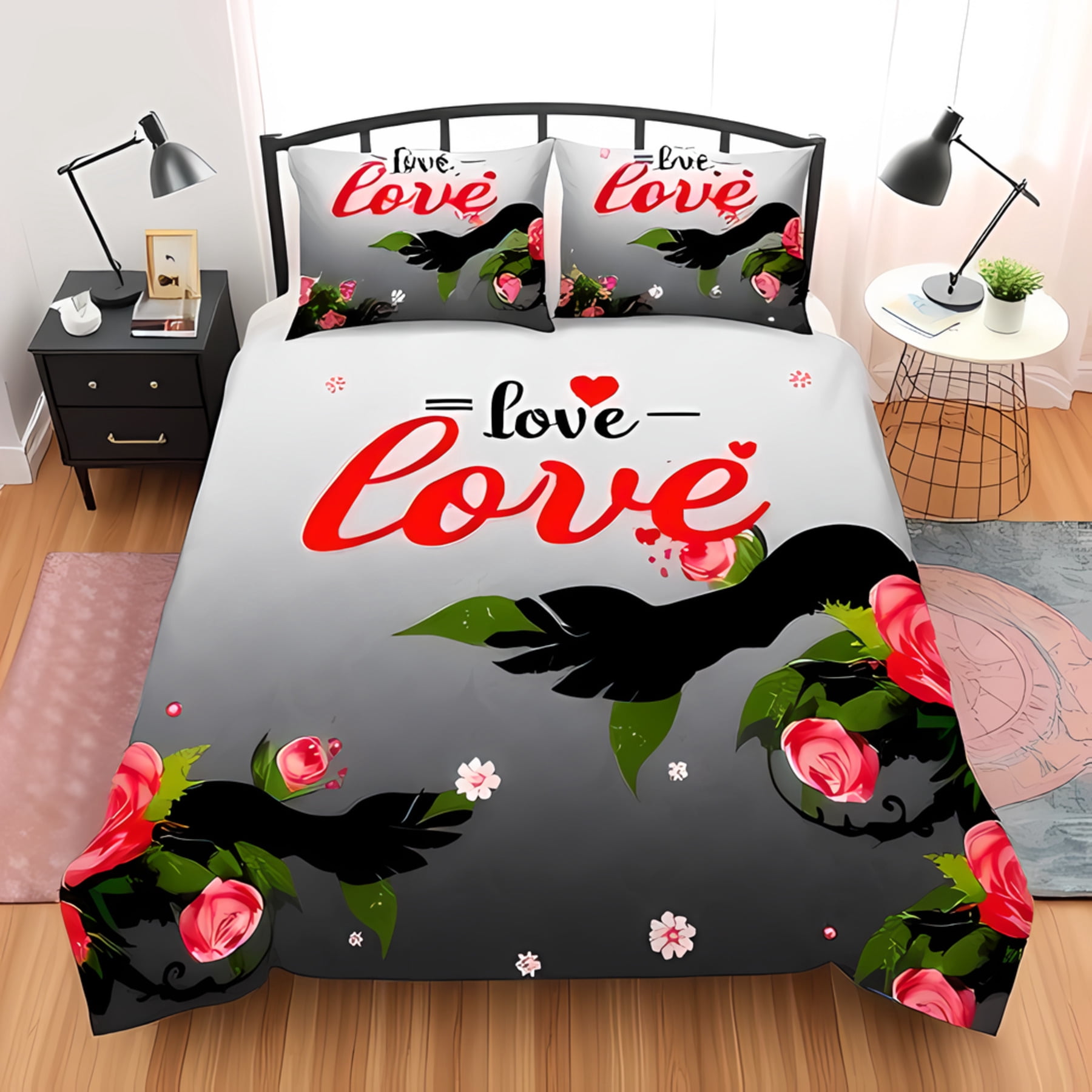 3-Piece Romantic Grey Duvet Cover Set with Bold Red 'Love' Script ...