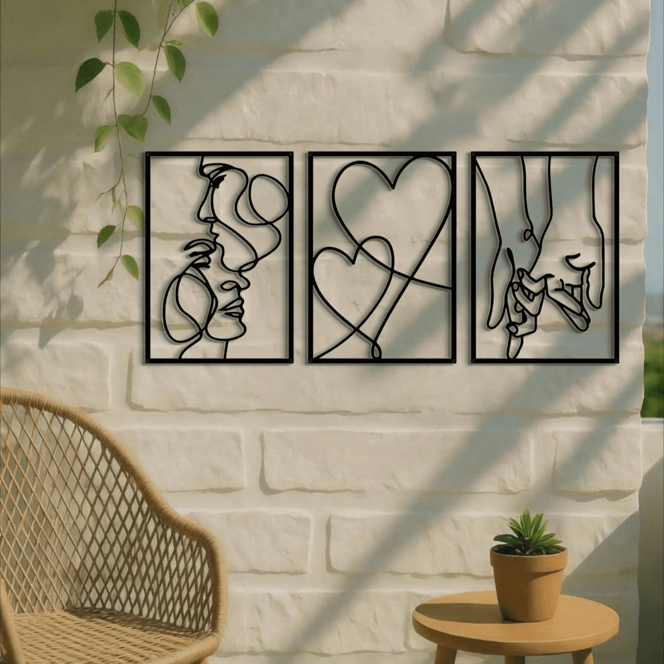 3-Piece Romantic Metal Wall Art Set - Minimalist Couple Silhouette Line ...