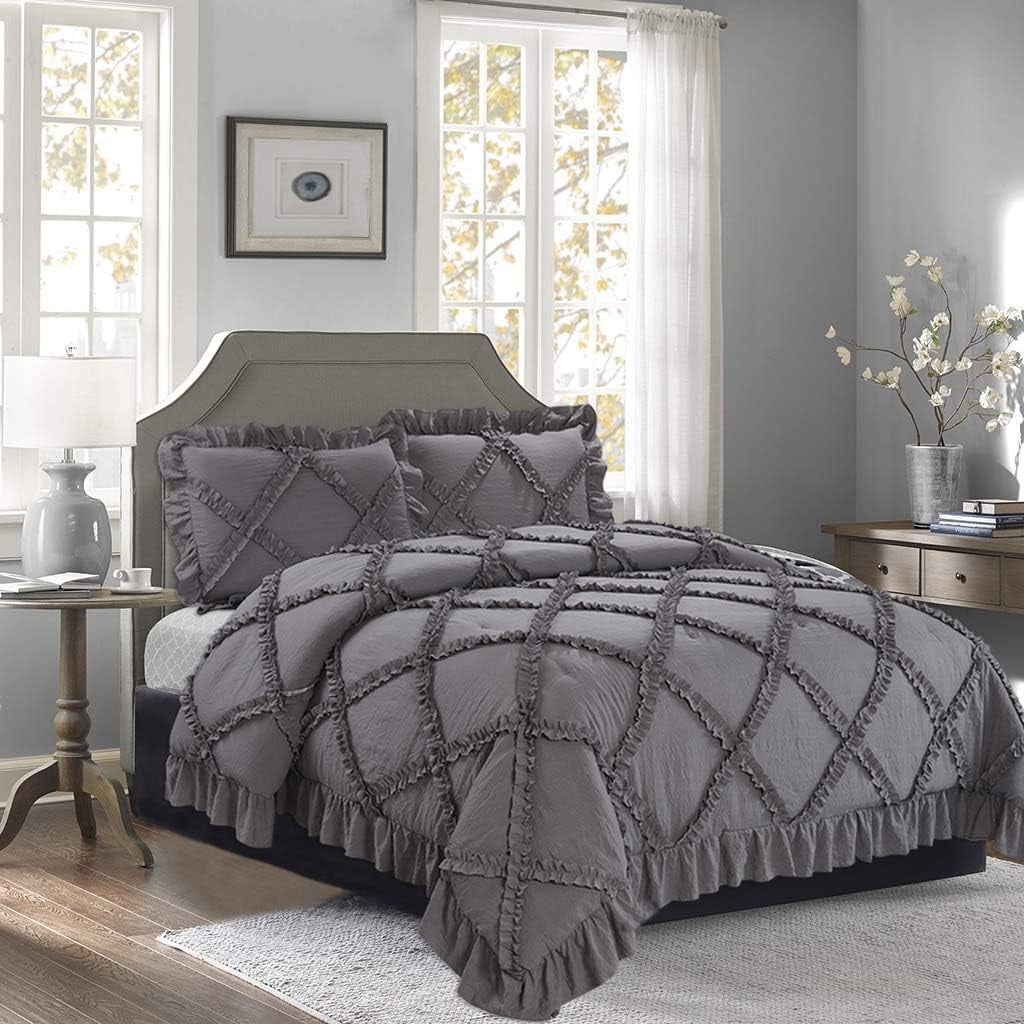 3 Piece Romantic Ruffle Applique Bedding Set King Gray - 4" Handmade ...