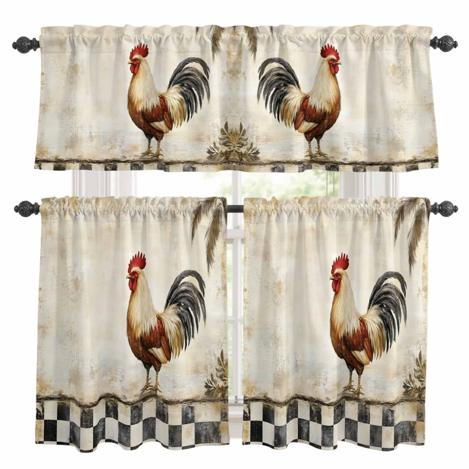 3 Piece Rooster Chicken Kitchen Curtain Valance and Tiers Set Black ...