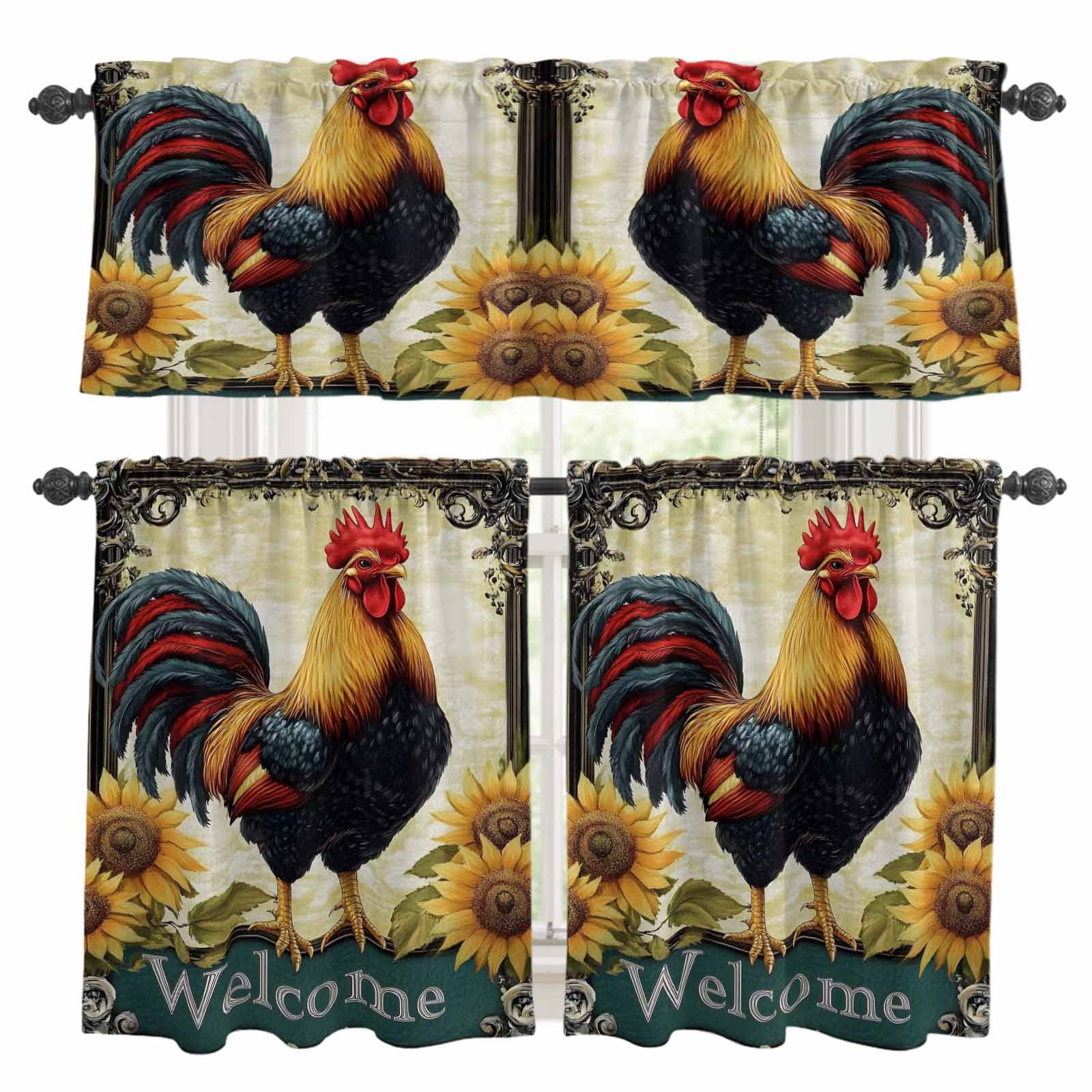 3 Piece Rooster Chicken Kitchen Curtain Valance and Tiers Set Welcome ...