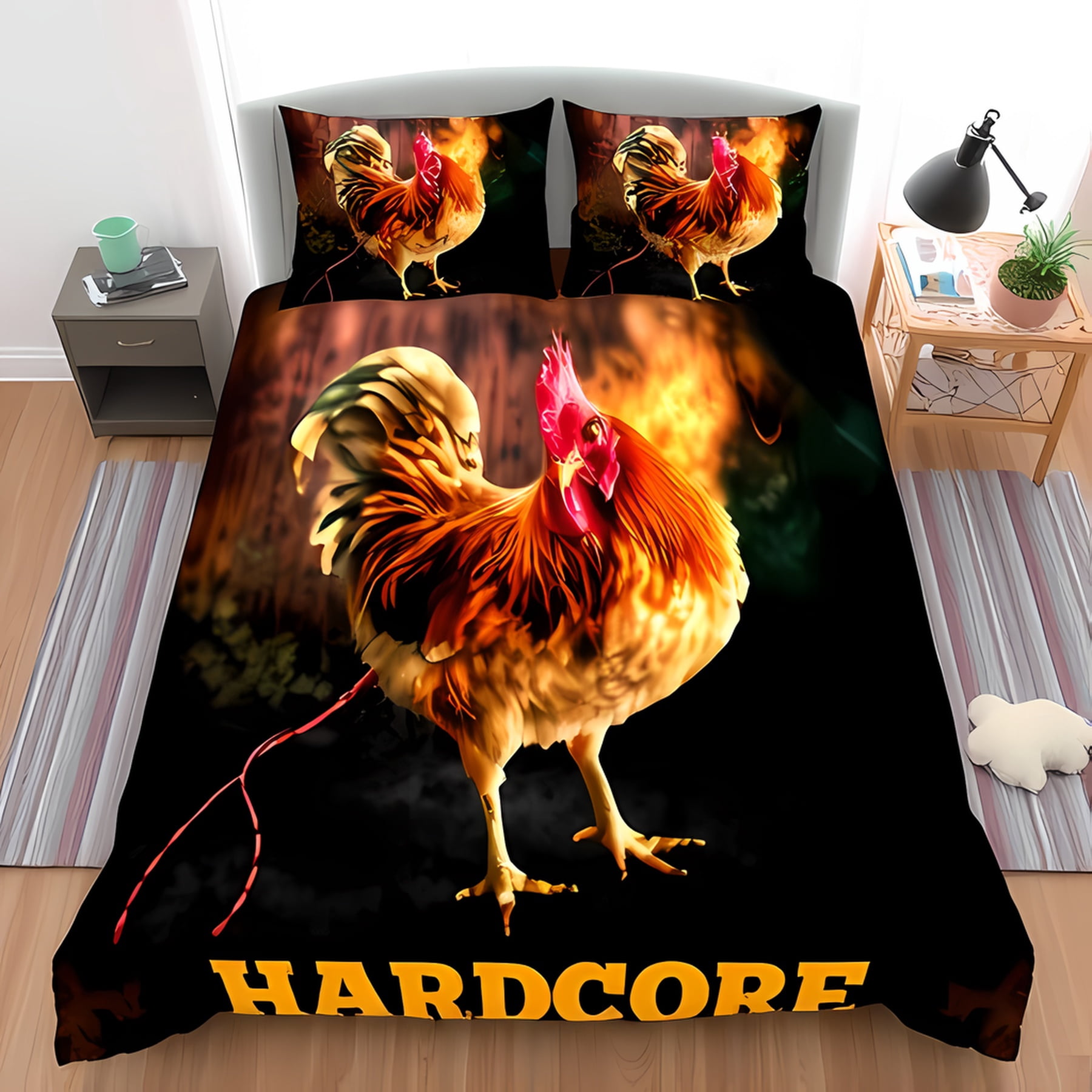 3-Piece Rooster Duvet Cover Set with Pillowcases - Bold Fiery Design ...