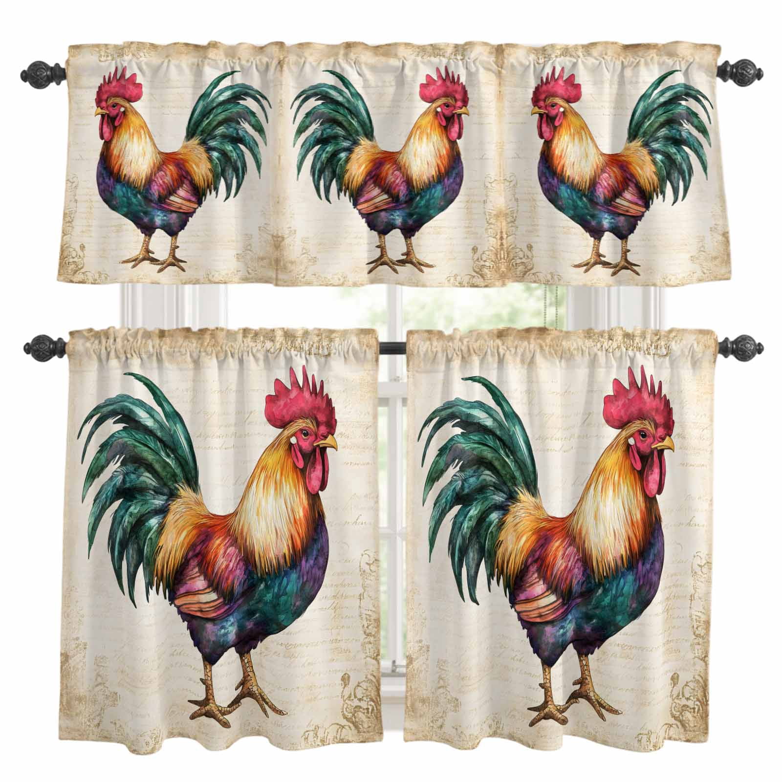 3 Piece Rooster Kitchen Curtain Valance and Tiers Set Farm Chicken ...