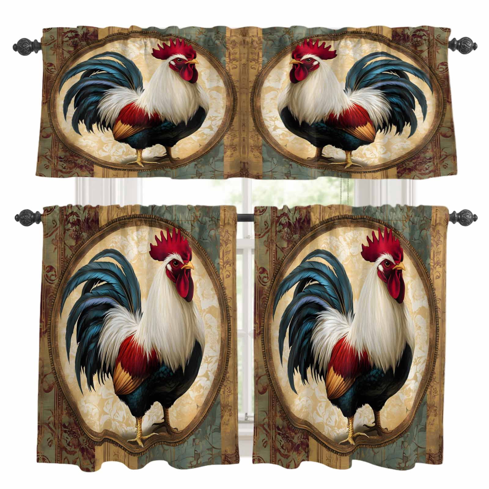 3 Piece Rooster Kitchen Curtain Valance and Tiers Set Vintage Rustic ...