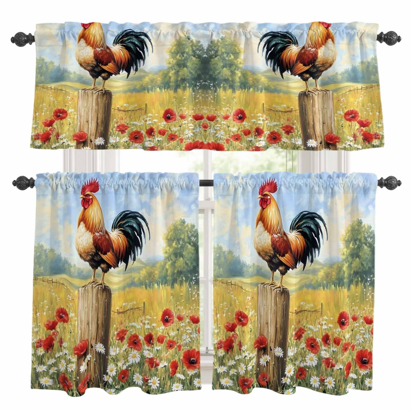 3 Piece Rooster Kitchen Curtain Valance and Tiers Set Wildflowers ...