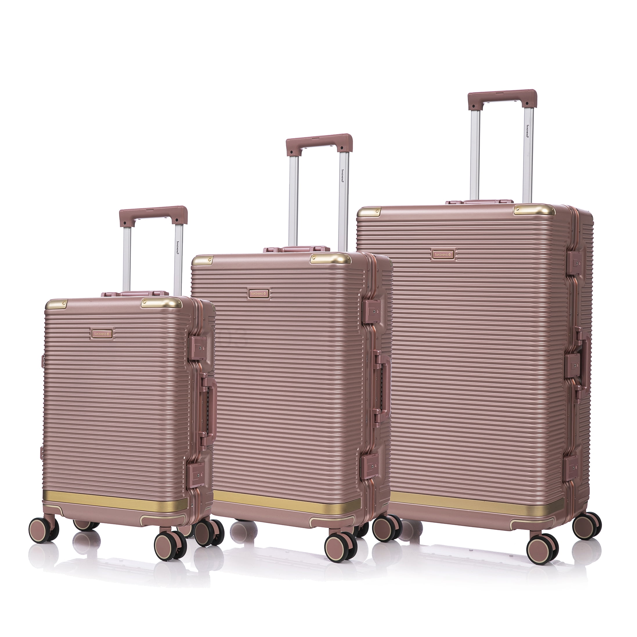 3-Piece Rose Gold PC & Aluminum Luggage Set with TSA Lock, 20/24/28 ...