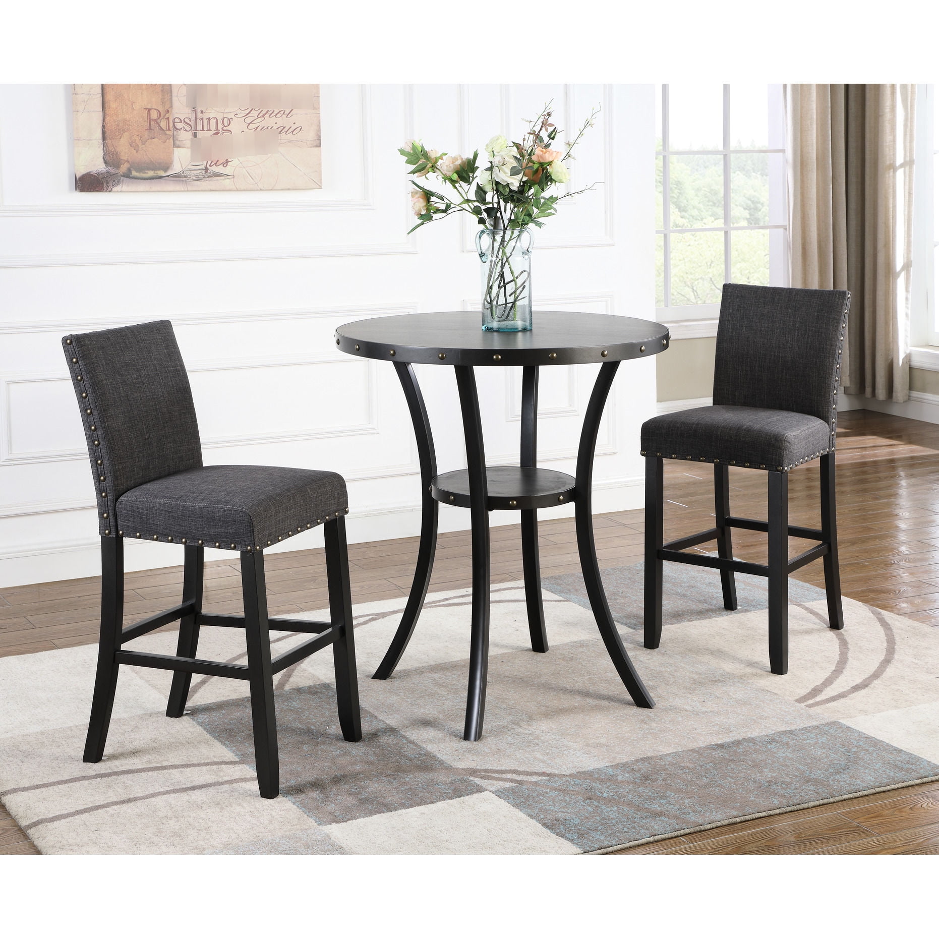 3-Piece Round Bar Height Dining Set with Espresso Finish Table and 2 ...