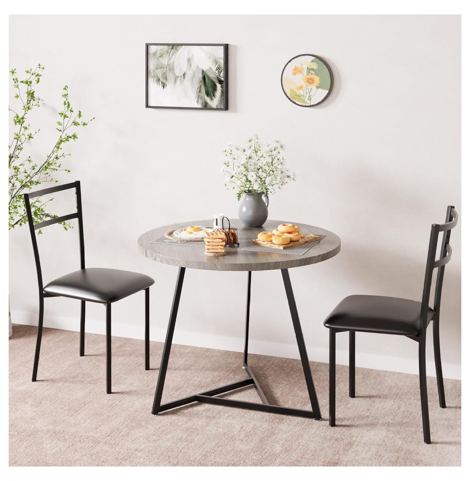 3-Piece Round Dining Set for 2 - Compact 31.4" Rustic Gray Kitchen ...