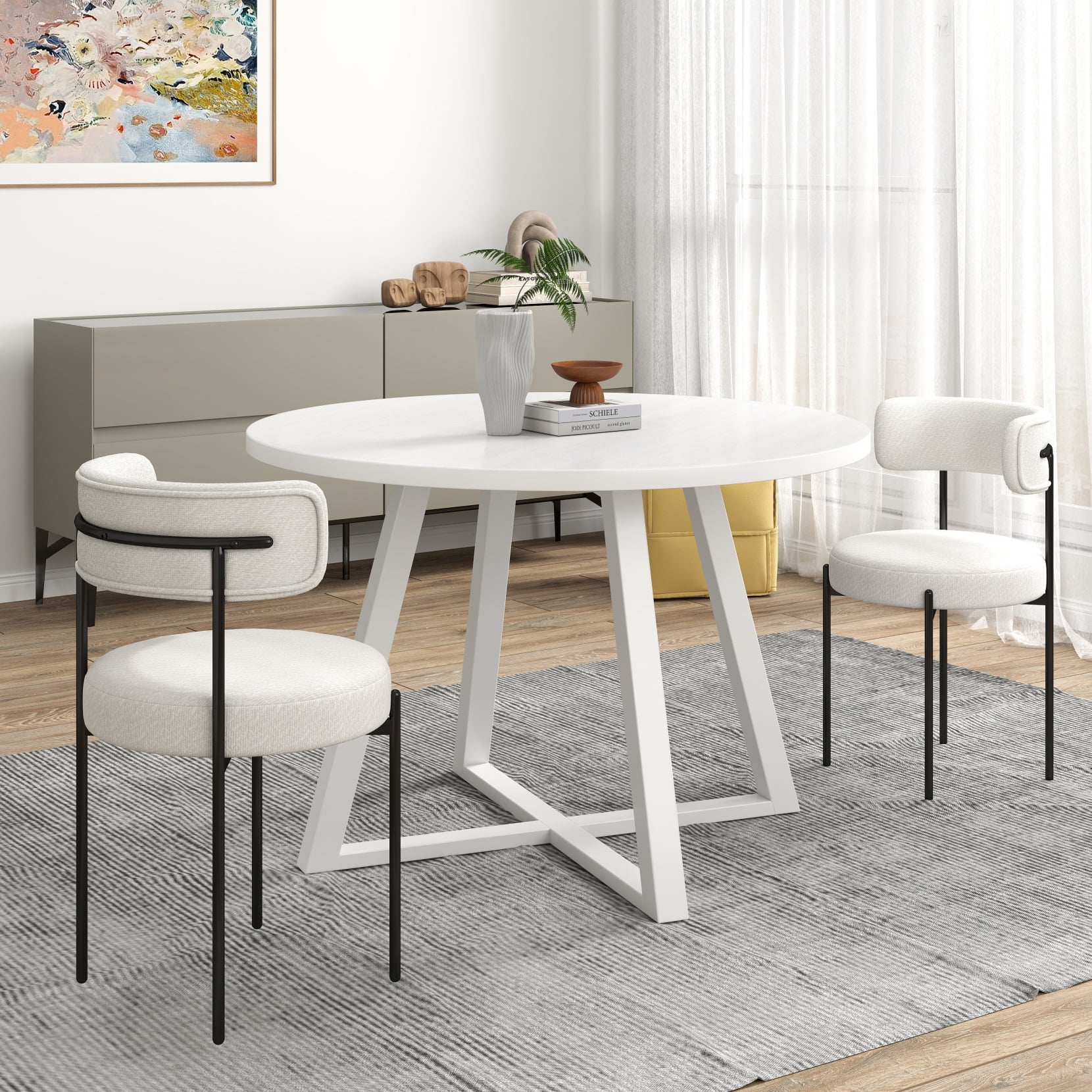 3-Piece Round Dining Set for 2, Trestle Table with 2 Upholstered Chairs ...