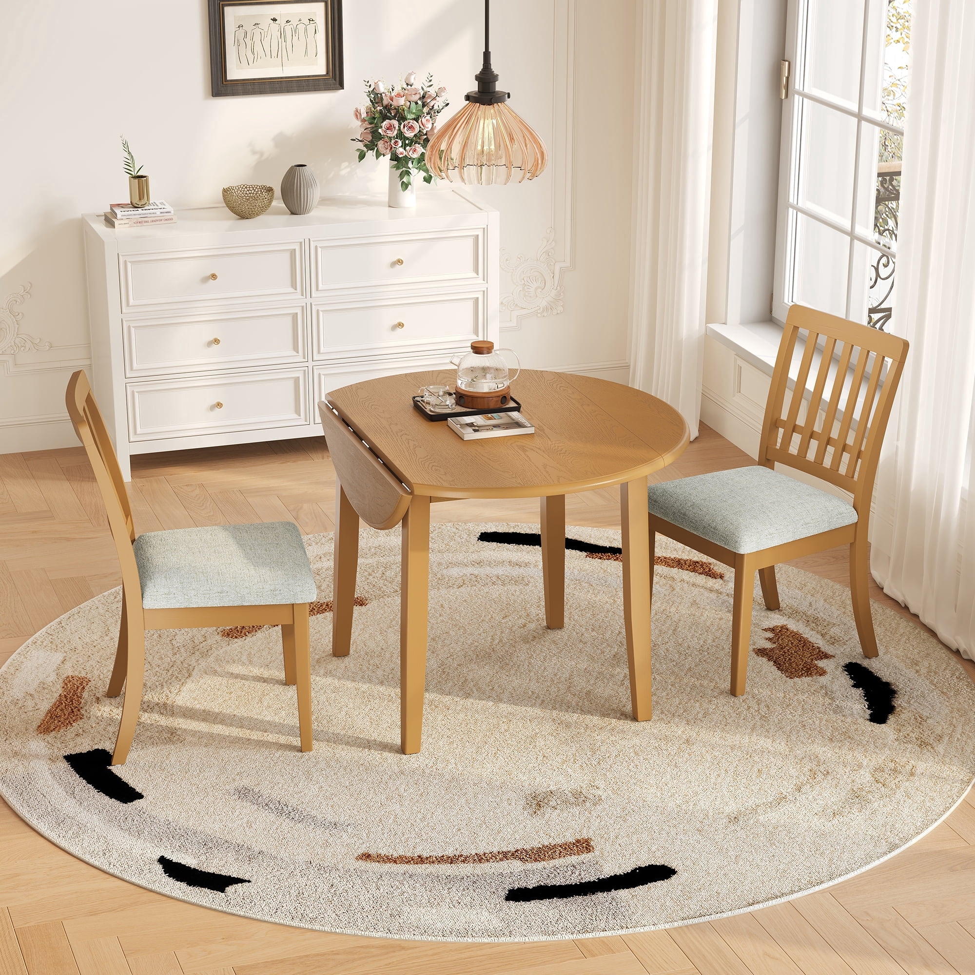 3-Piece Round Dining Table Set for 2 People, 1 Folding Wood Dining ...