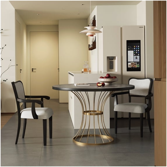 3-Piece Round Dining Table Set, Dark Oak Finish and Beige Chairs ...