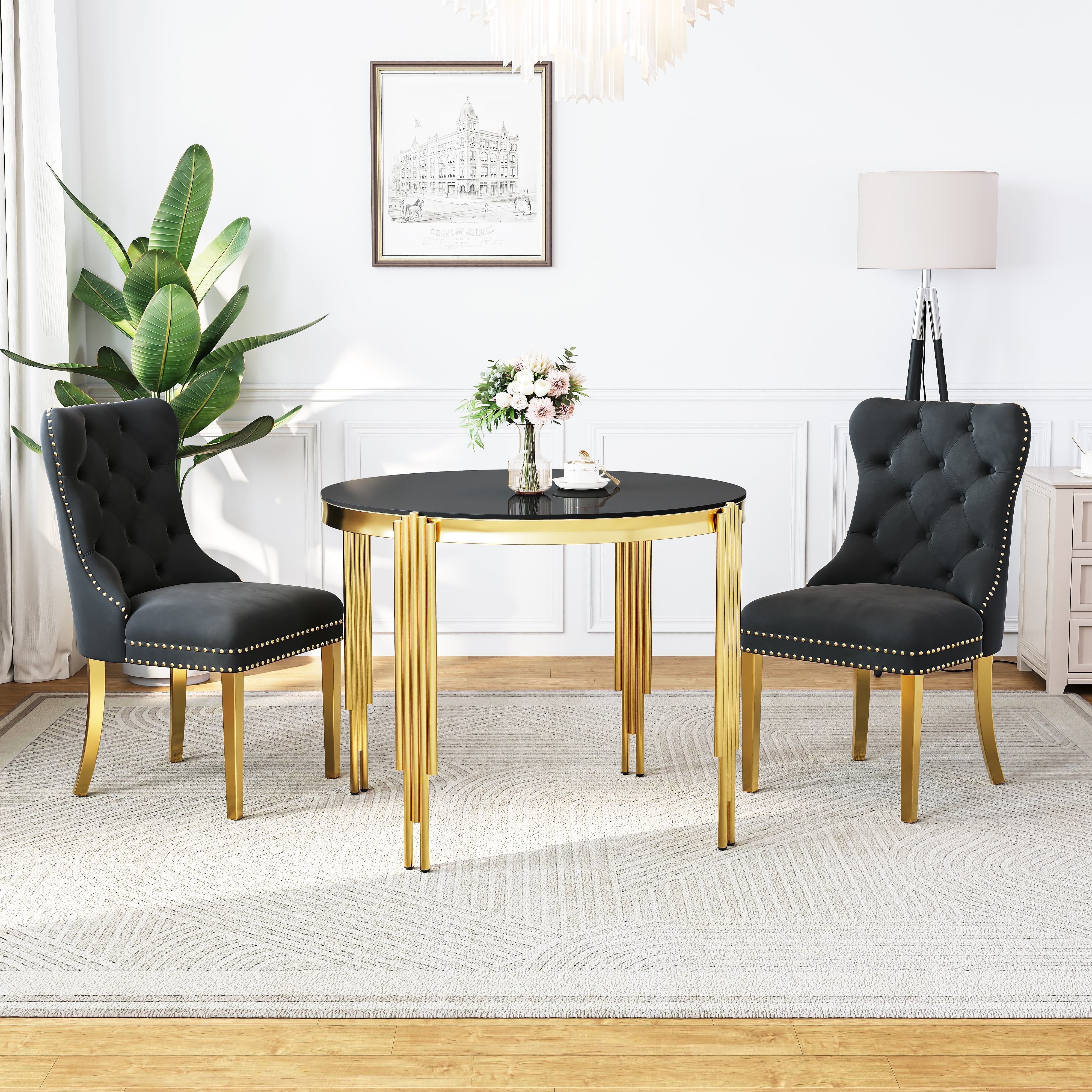 3-Piece Round Dining Table Set, Modern Glass Table Irregular Table Legs ...