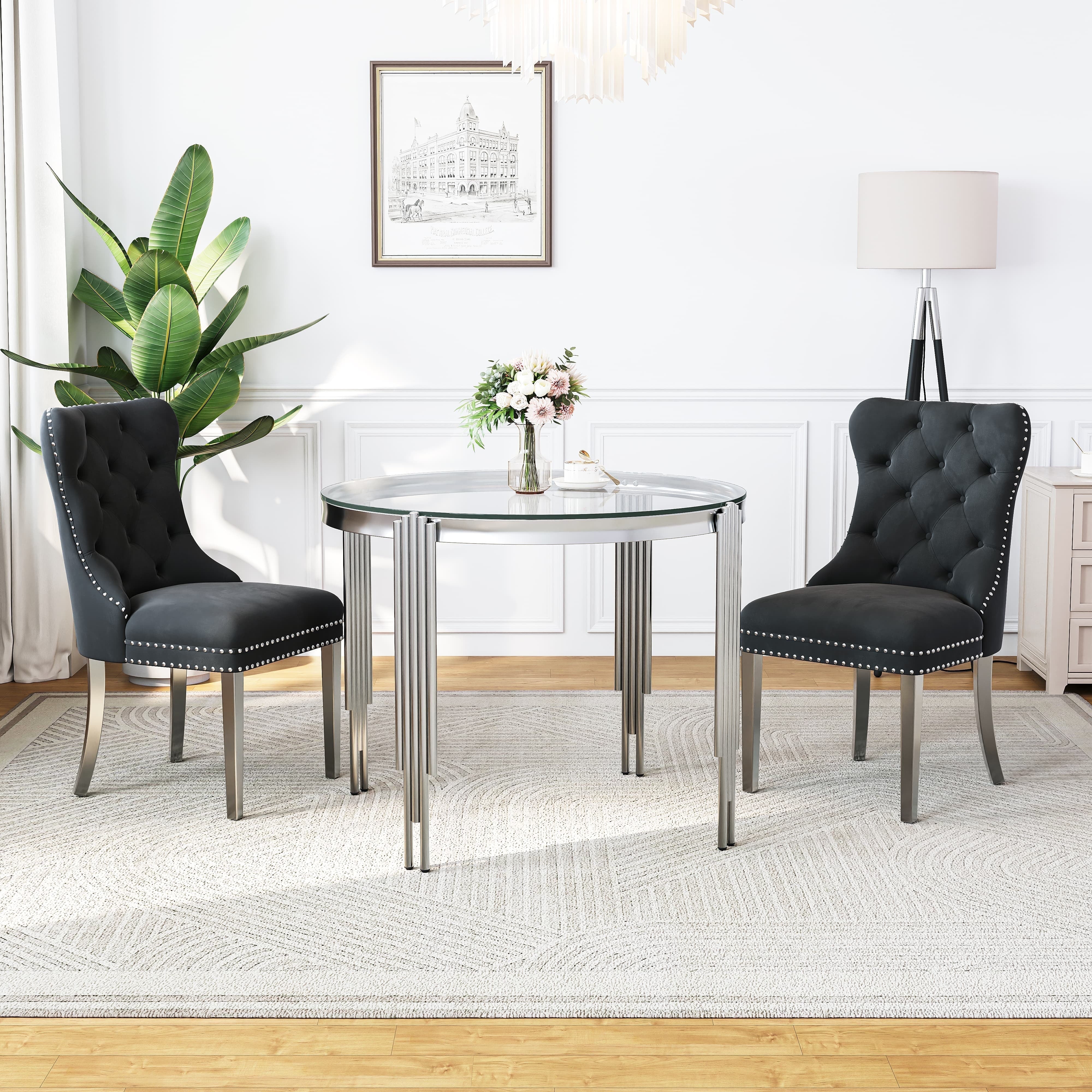3-Piece Round Dining Table Set, Modern Glass Table Irregular Table Legs ...