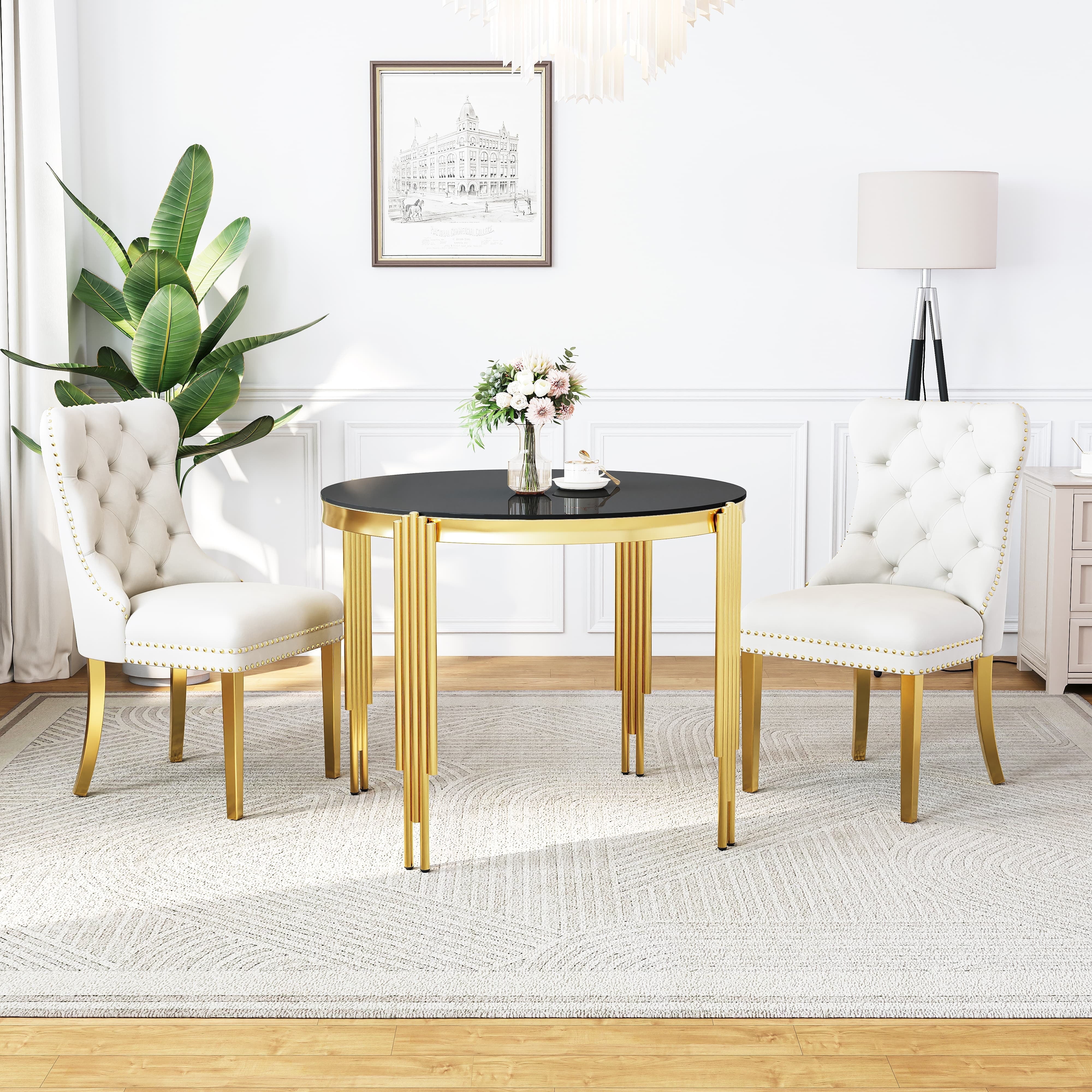 3-Piece Round Dining Table Set, Modern Glass Table Irregular Table Legs, and 2 Velvet Tufted ...