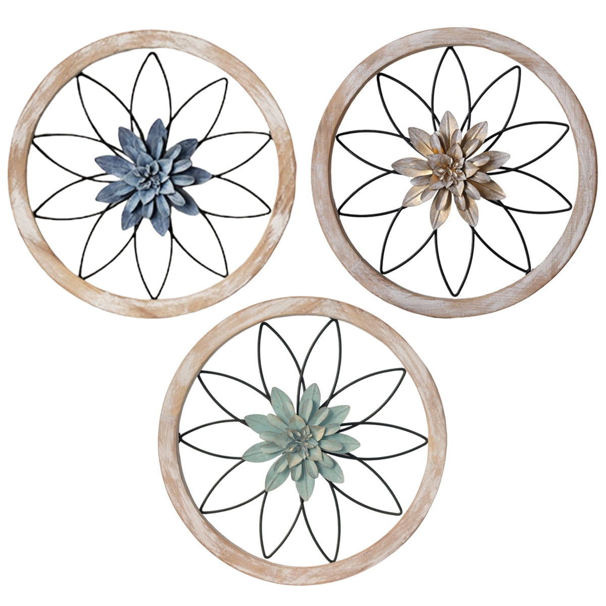 3 Piece Round Farmhouse Wall Decor With 6 Piece Interchangeable Flowers ...