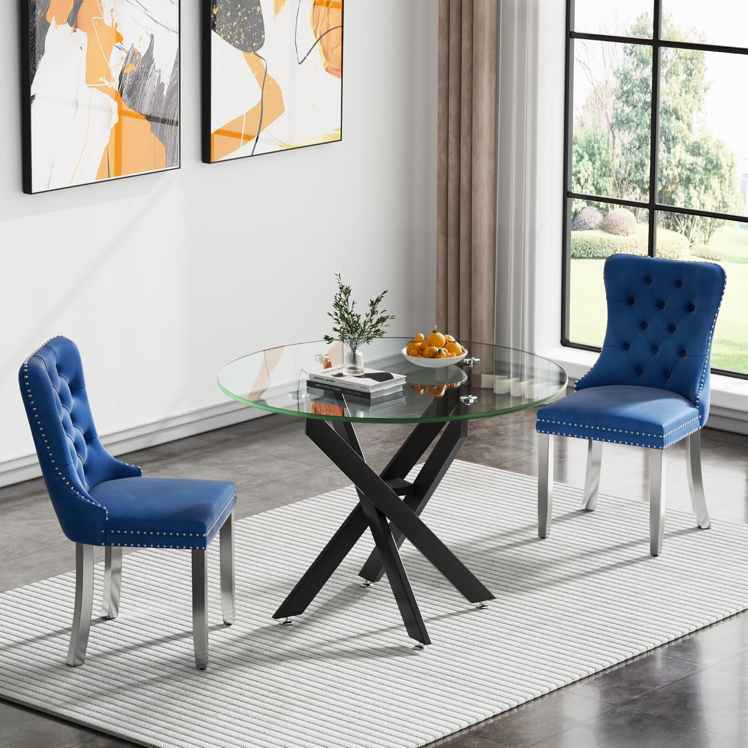 3 Piece Round Glass Dining Table Set, Modern Blue Kitchen Dining Room ...