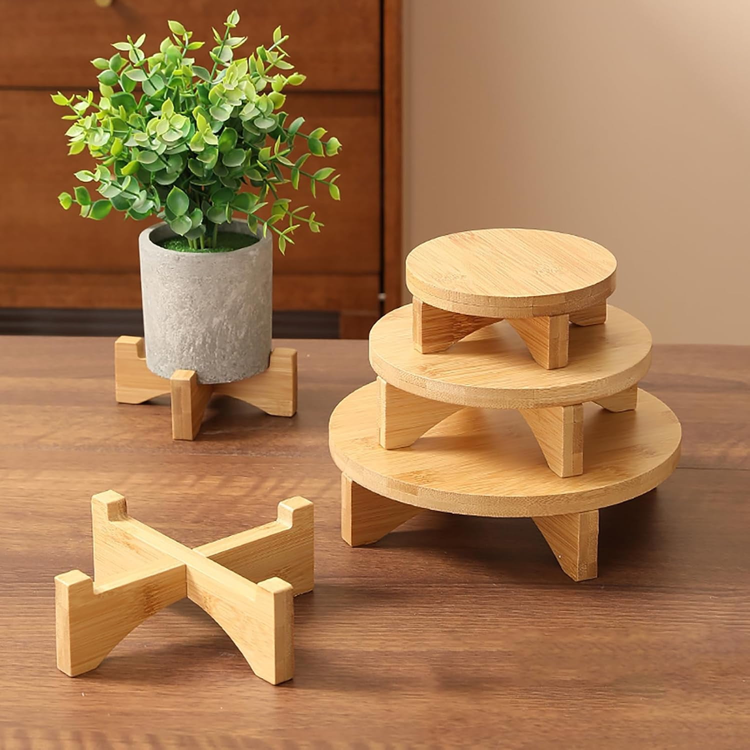 3-Piece Round Wooden Plant Stand Set - Indoor/Outdoor Modern Flower Pot ...