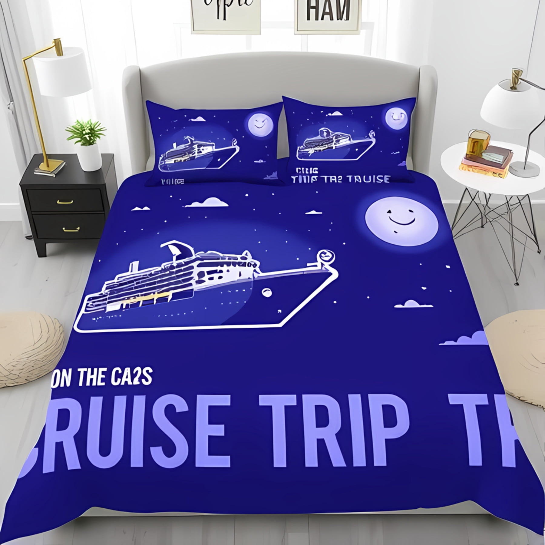 3-Piece Royal Blue Duvet Cover Set with Whimsical Cruise Ship Design ...