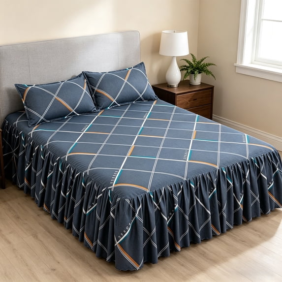 3 Piece Ruffled Bed Skirt Set with Pillowcases Elastic Polyester Bed ...