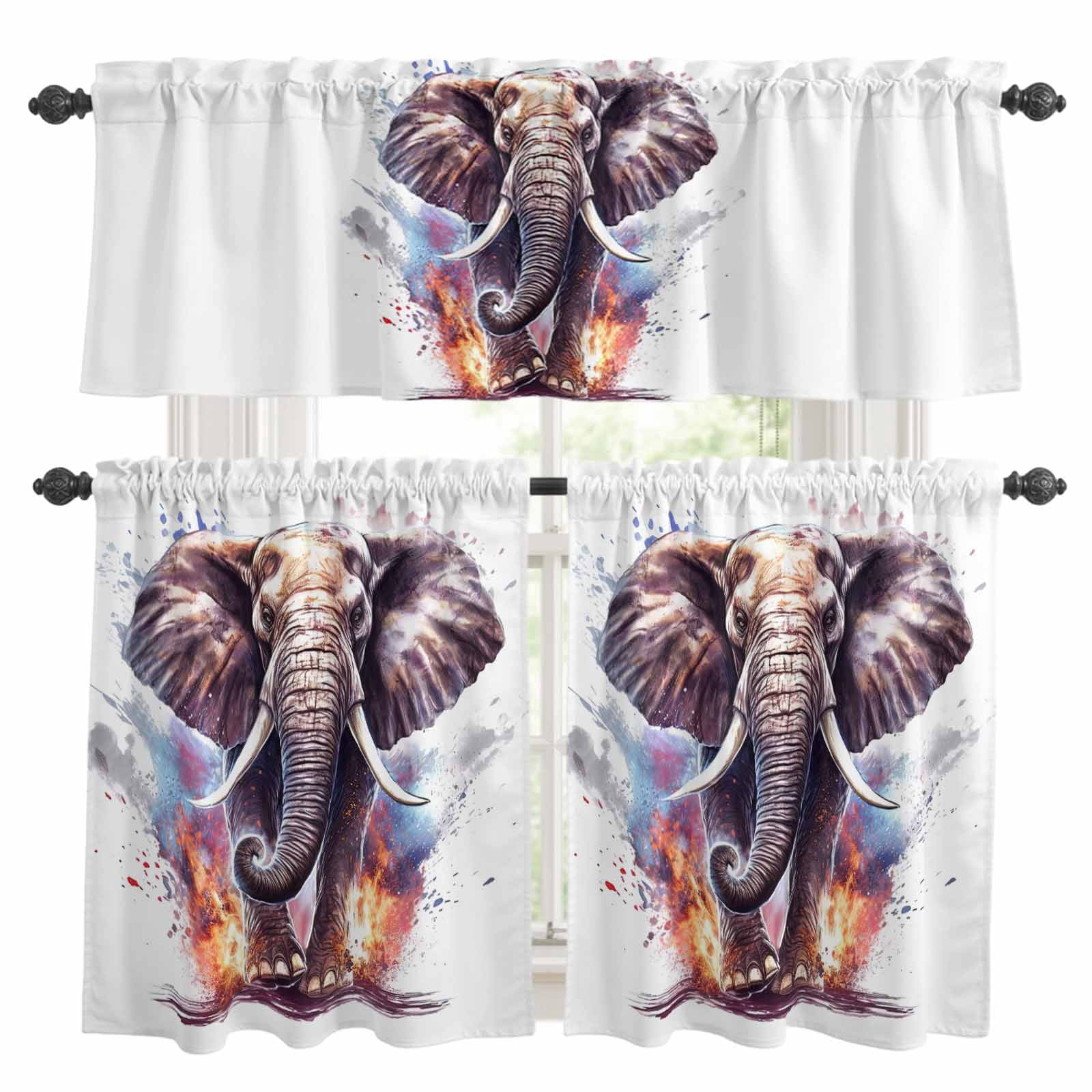 3 Piece Running Elephant Kitchen Curtain Valance and Tiers Set Rod ...