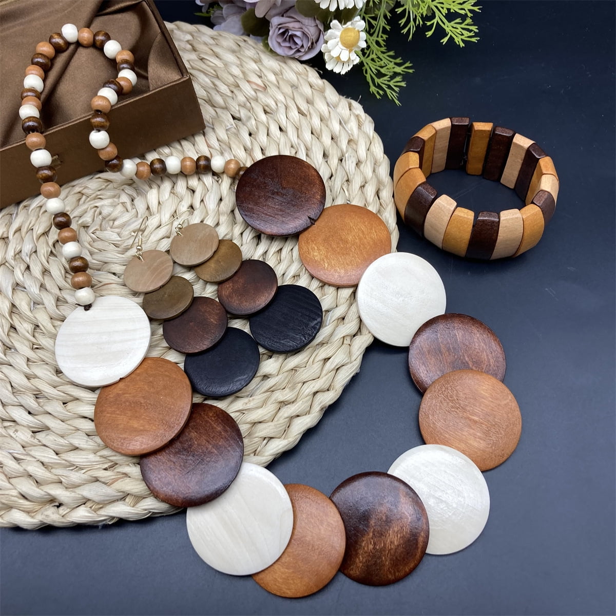 3-Piece Rustic Boho Chic Jewelry Set - Vintage Wooden Necklace ...