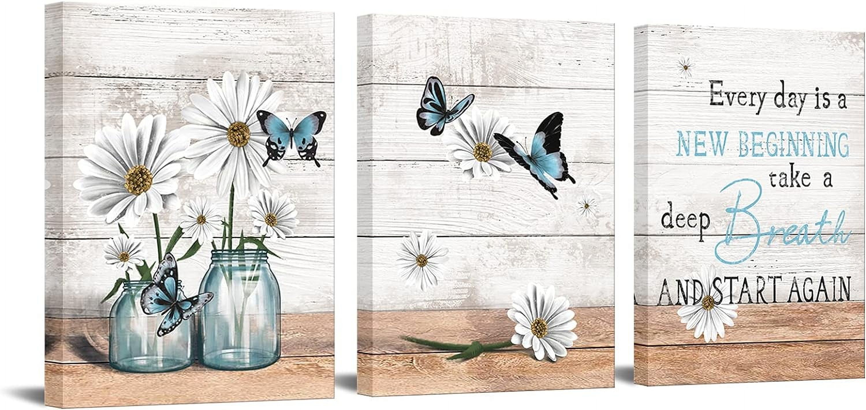 3 Piece Rustic Canvas Wall Art Daisy in Jar with Blue Butterfly ...